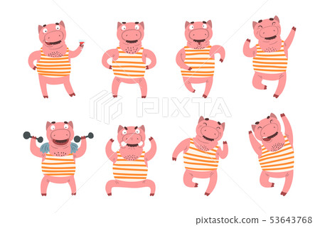 Flat vector set of pink humanized pig in... - Stock Illustration ...