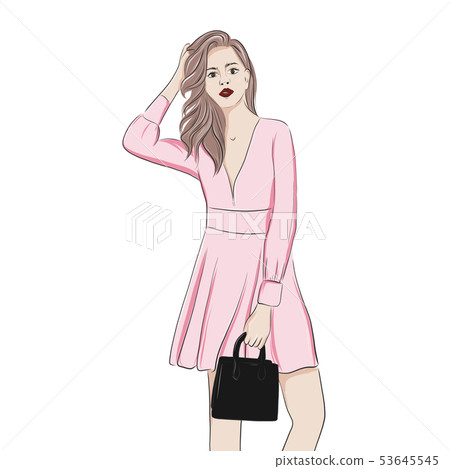 Beautiful girl in a stylish pink dress. Summer loo - Stock Illustration ...