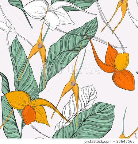 Floral white orange yellow seamless pattern with g - Stock Illustration ...