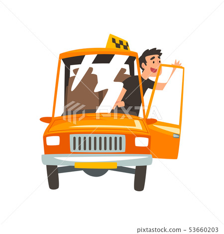 Taxi Driver in Yellow Car, Taxi Service Cartoon... - Stock Illustration ...