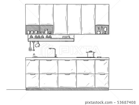 Sketch of the kitchen, front view. Vector - Stock Illustration ...