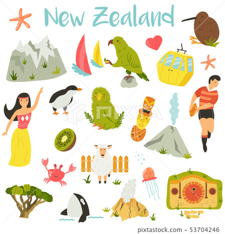New Zealand set of symbols, landmarks, animals - Stock Illustration ...