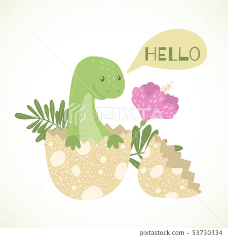 Cute cartoon baby dinosaur hatching from egg. - Stock Illustration ...