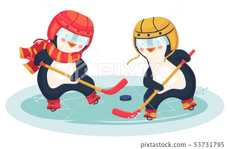 penguin play ice hockey in the winter - Stock Illustration [53731795 ...
