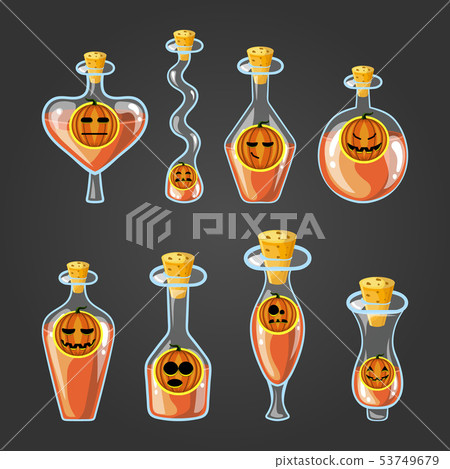 Set with different bottles of pumpkin potion - Stock Illustration ...