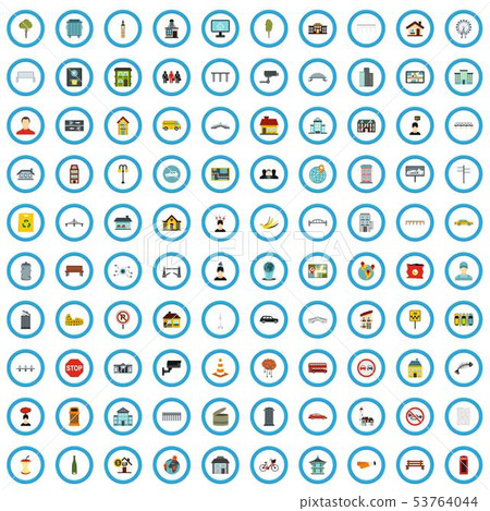 100 district icons set, flat style - Stock Illustration [53764044] - PIXTA