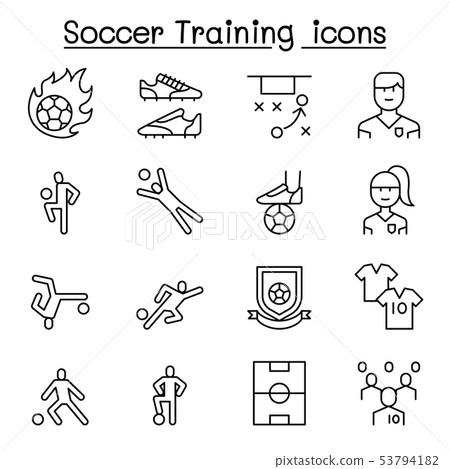 Soccer training, football club icon set in thin - Stock Illustration ...