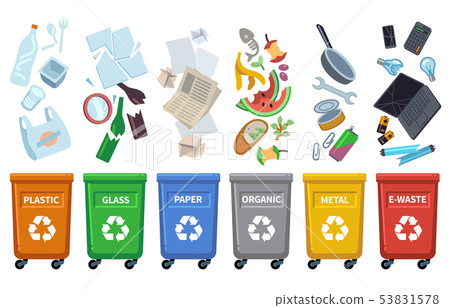 Recycle waste bins. Different trash types color... - Stock Illustration ...