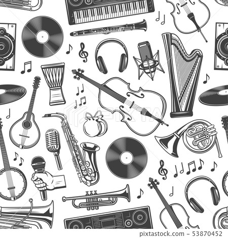 Music seamless pattern, musical band instruments - Stock Illustration ...