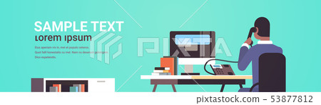 businessman sitting at workplace desk rear view... - Stock Illustration ...