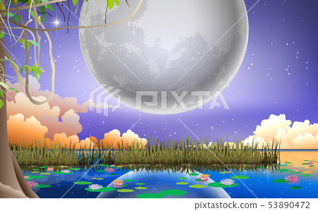 landscape of full moon at the swamp in the night - Stock Illustration ...