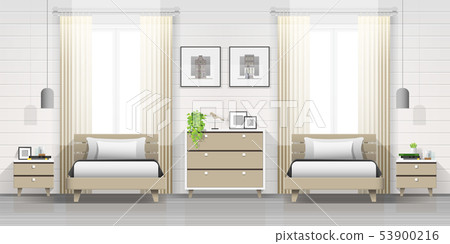 Modern bedroom with twin beds background - Stock Illustration [53900216 ...