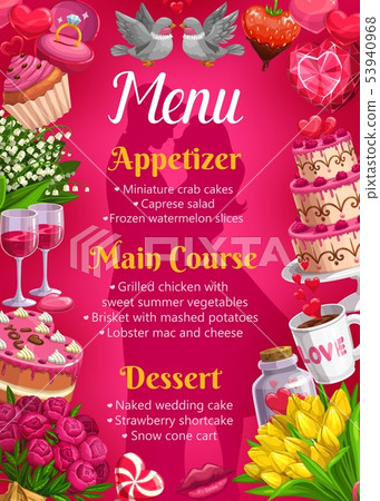 Menu on wedding, main courses, desserts appetizers - Stock Illustration ...