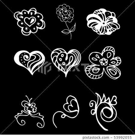 Flowers and hearts hand drawn doodle collection - Stock Illustration ...