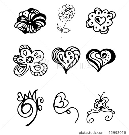Flowers and hearts hand drawn doodle collection - Stock Illustration ...
