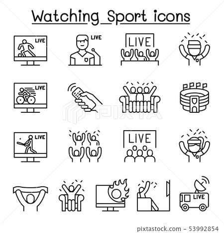 Watching sport on tv, sport broadcasting icon set - Stock Illustration ...