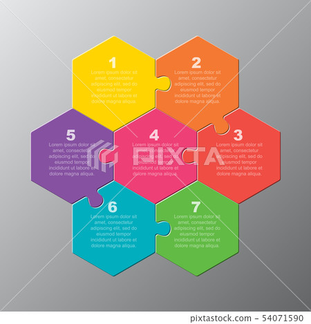 Seven pieces puzzle jigsaw hexagonal info graphic - Stock Illustration ...