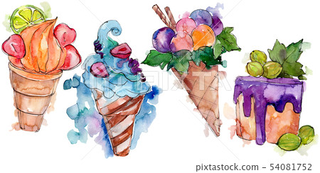 Tasty ice cream cone sweet dessert. Watercolor... - Stock Illustration ...