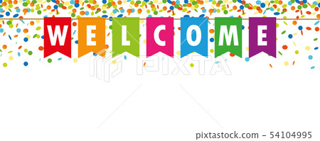 welcome party flags banner with confetti rain... - Stock Illustration ...