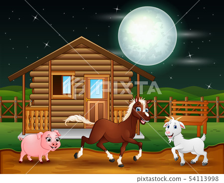 Farm animals playing in the night scene - Stock Illustration [54113998 ...