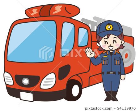 Firefighter woman and ladder fire engine - Stock Illustration [54119970 ...