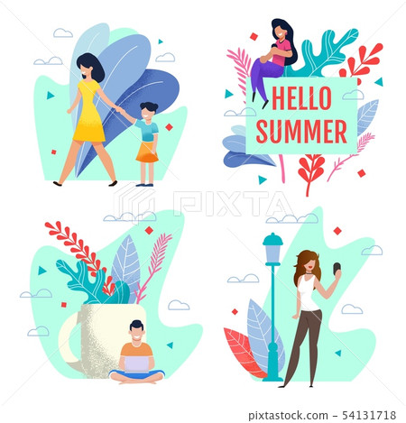 Cartoon Summer Activities and Recreation Cards Set - Stock Illustration ...