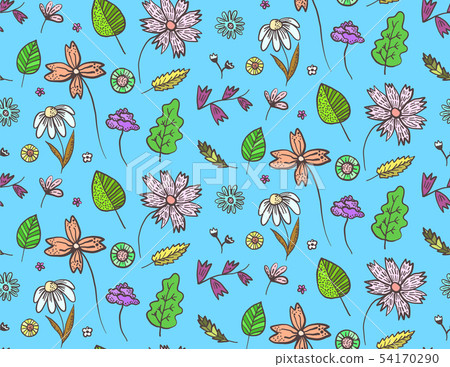 Bright blue floral pattern with doodle flowers - Stock Illustration ...