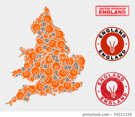 Electric Lamp Collage England Map and Rubber... - Stock Illustration ...