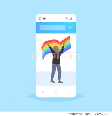 man gay holding lgbt rainbow flag love parade... - Stock Illustration ...
