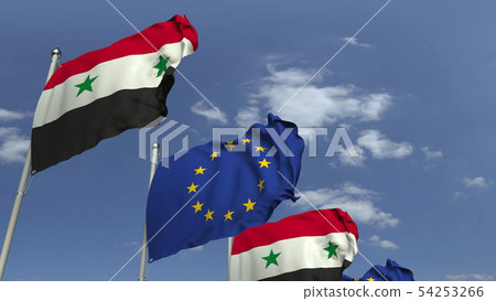 Flags of Syria and the European Union against... - Stock Illustration ...