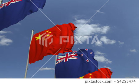 Many flags of New Zealand and China, 3D rendering - Stock Illustration ...