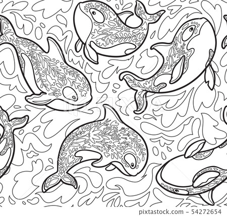 Killer whale orca seamless pattern in contour.... - Stock Illustration ...