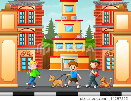 People relax and enjoy walking on the sidewalk - Stock Illustration ...