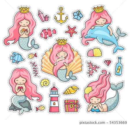 Set of cartoon stickers with mermaids. - Stock Illustration [54353669 ...