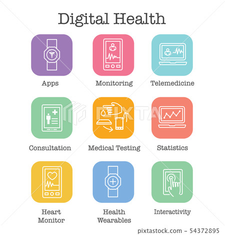 Digital Health Icon Set with Wearable Technology - Stock Illustration ...