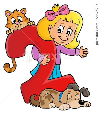 Girl and pets with number two - Stock Illustration [54375703] - PIXTA