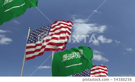 Waving flags of Saudi Arabia and the USA, 3D... - Stock Illustration ...