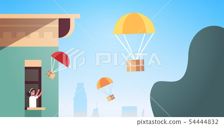 woman in window catching parcel box falling... - Stock Illustration ...