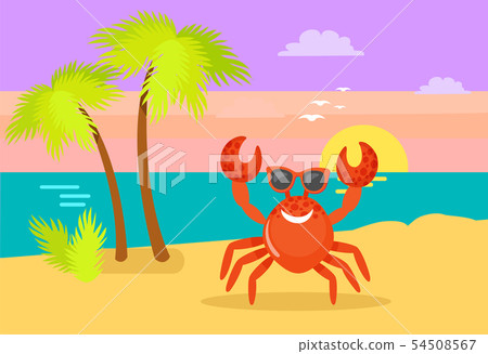 Summer Vacation, Red Crab Character and Seascape - Stock Illustration ...