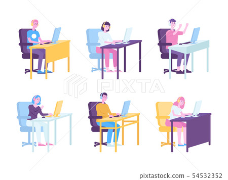 Male and female gamers behind computers playing... - Stock Illustration ...