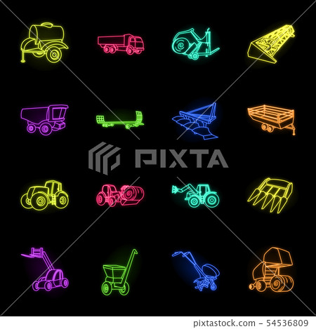 Agricultural machinery neon icons in set... - Stock Illustration ...