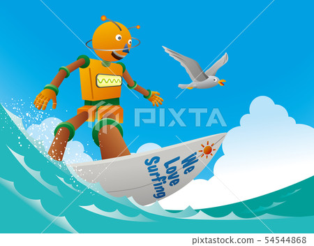 Robot surfer riding a wave - Stock Illustration [54544868] - PIXTA