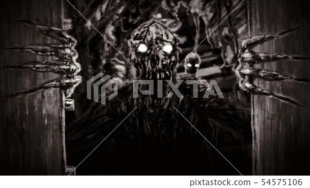 Enraged zombie monster opens bunker doors and - Stock Illustration ...
