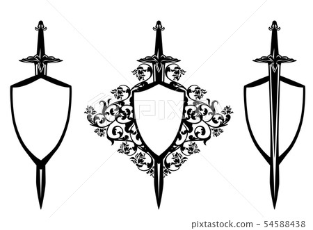 shield and sword among roses black vector design - Stock Illustration ...