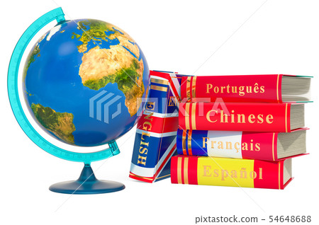Languages Books with geographical globe of Earth, - Stock Illustration ...
