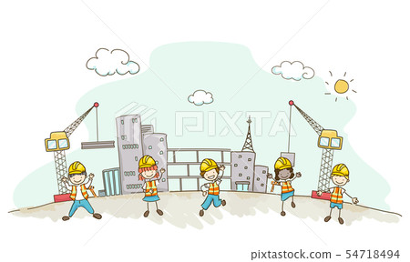 Stickman Kids Construction Buildings Illustration - Stock Illustration ...