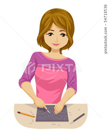 Teen Girl Print Making Carving Illustration - Stock Illustration ...
