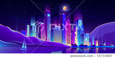Future metropolis on ocean shore vector background - Stock Illustration ...