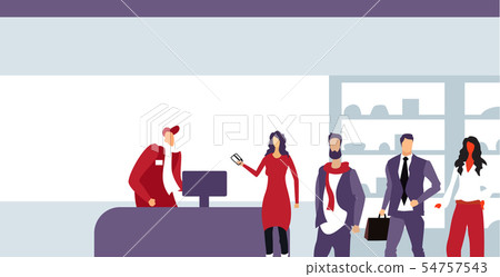 customers standing line queue at cash desk with... - Stock Illustration ...