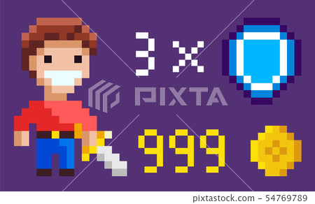 Pixel Character with Sword, Heroic Man and Icons - Stock Illustration ...